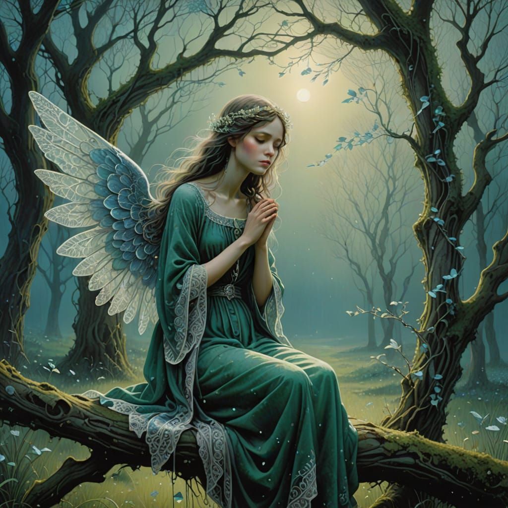 ethereal angel sitting on a swing crying with her wings down