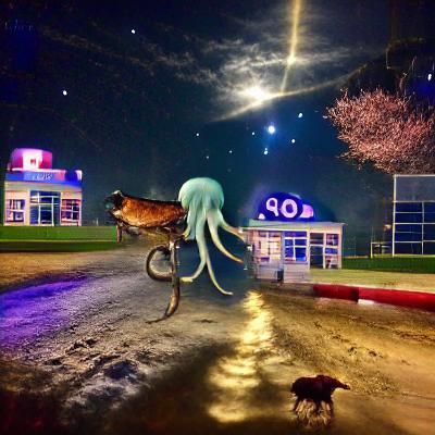 Realistic photo of a squid walking a pet octopus under moonlight near a ...