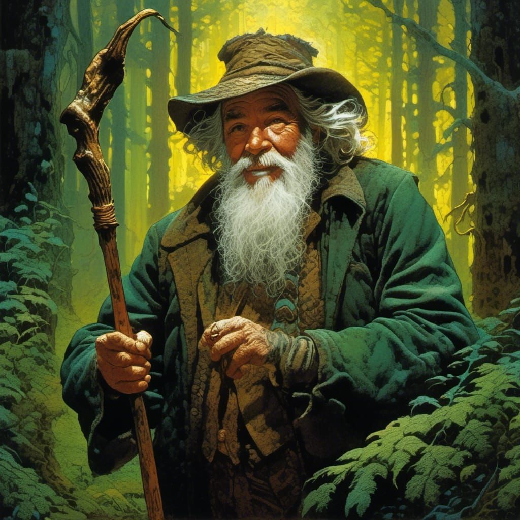 a happy old hobo man with a walking stick in a deep green forest - AI ...