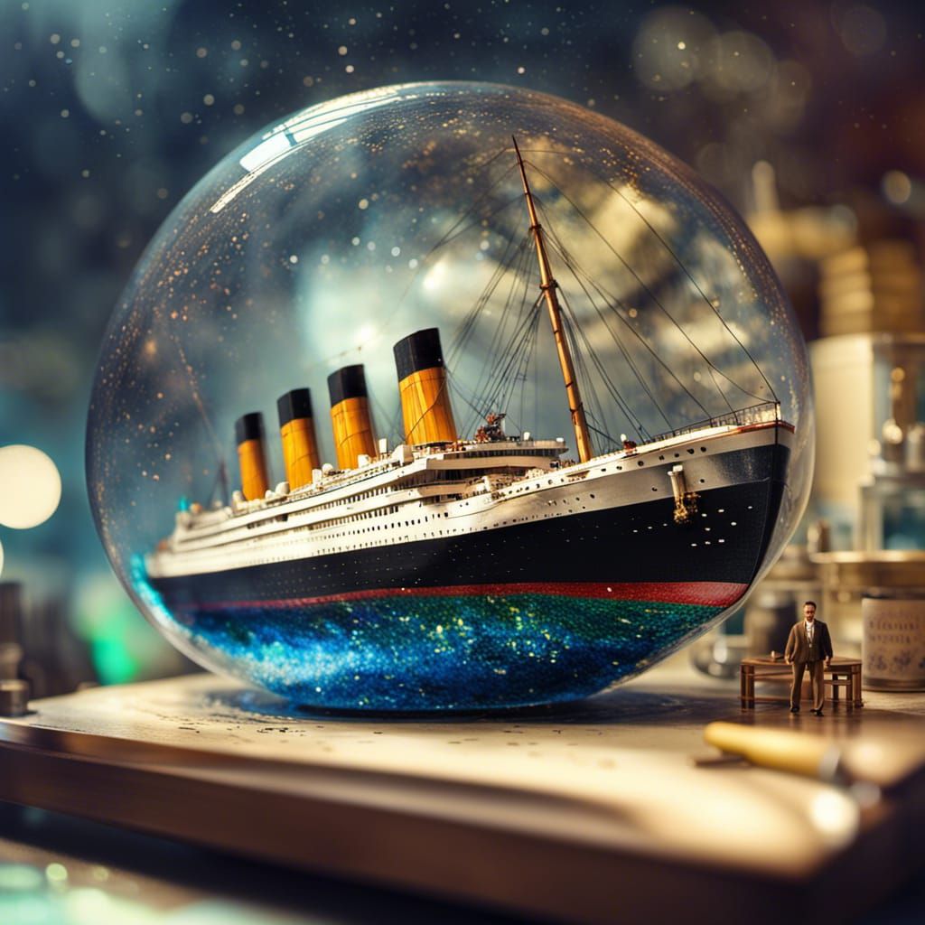 Titanic ship in a small terrarium, Colorful sparkly water. tilt-shift ...