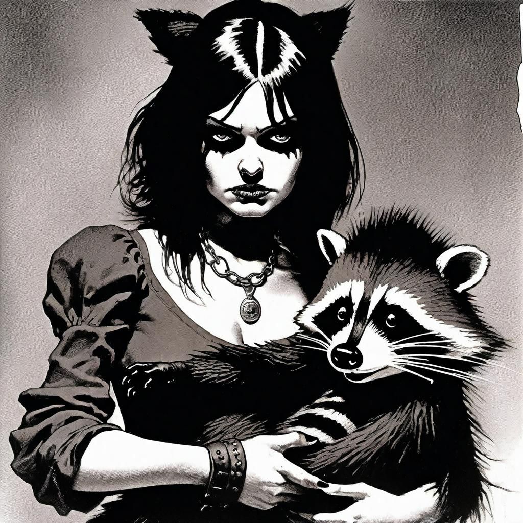 scrappy tough looking goth emo girl holding a crazy rabid raccoon eerie ...