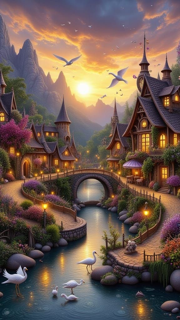 Enchanted Swan Villiage - Fantasy Village Under Golden Sunse...