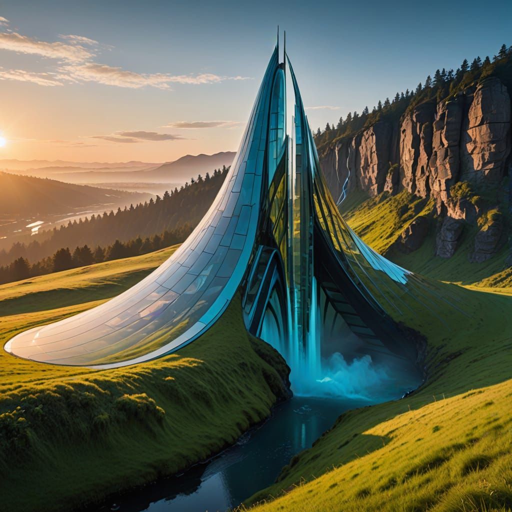 Futuristic Glass Spire in Pristine Meadow Landscap... - AI Art