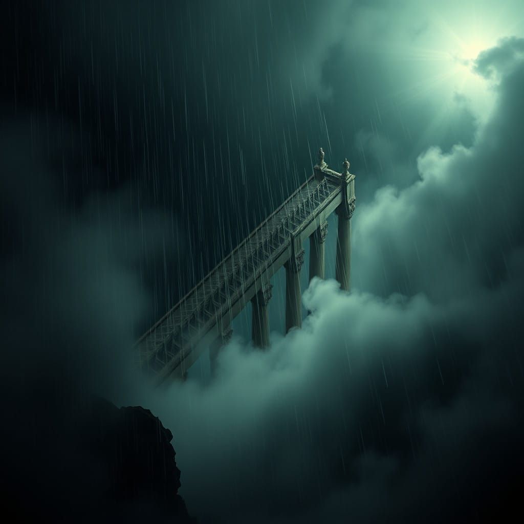 Dark, foreboding mist swirls, suffocating the scene, as torrential ...