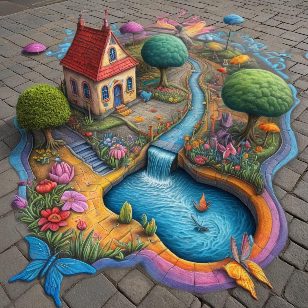 Sidewalk art: chalk art; a Hyperrealistic, colorful, 3D, Sidewalk chalk ...