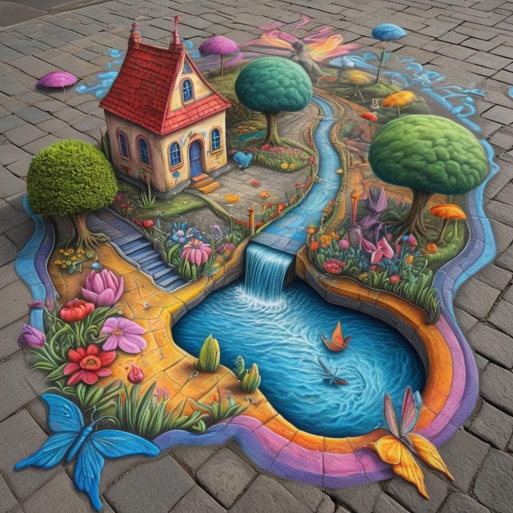 Sidewalk art: chalk art; a Hyperrealistic, colorful, 3D, Sidewalk chalk ...