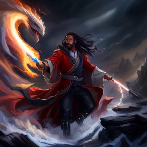 photo black american wizard fighting dragon, dark skin, black-american ...