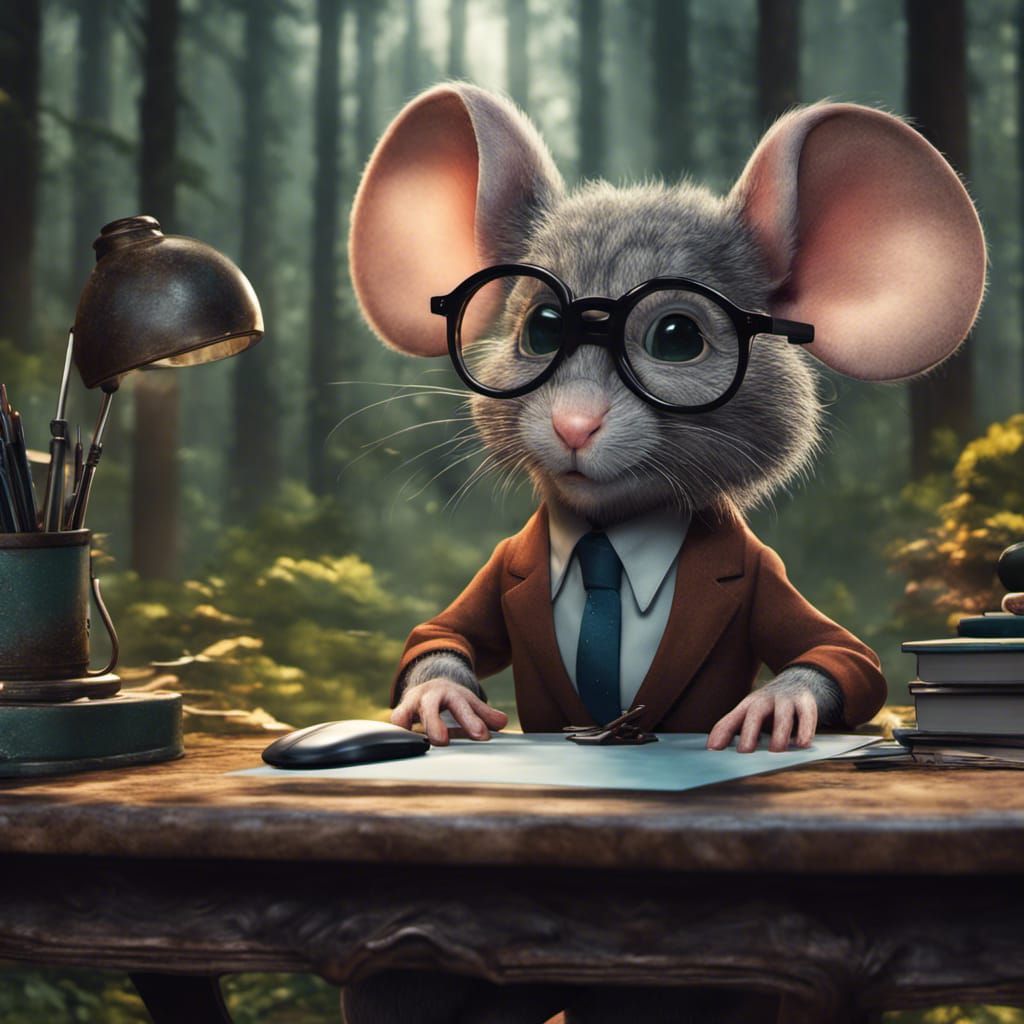 Mouse wearing glasses and a tie, working at a desk in the forest. - AI ...