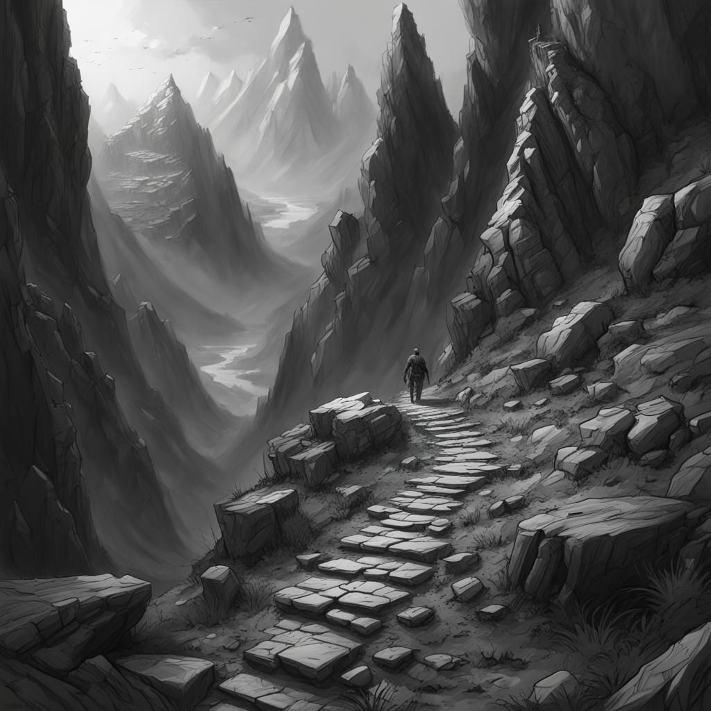 Dark, mountain path, trail, rocks, height, detailed, intricate. Black ...