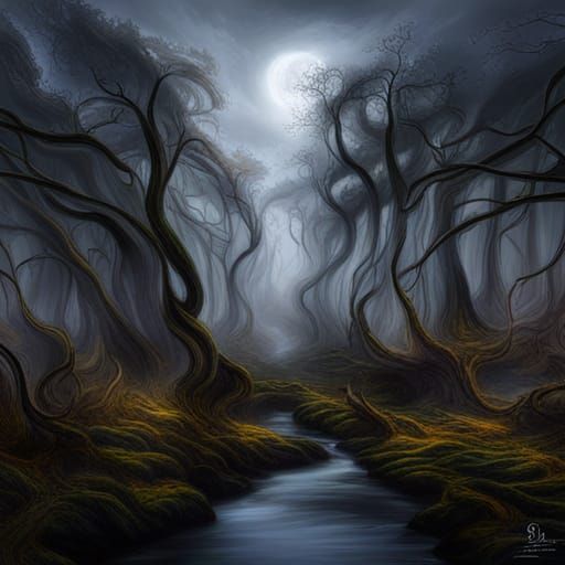 Spooky, degraded forest, hanging Spanish moss, at night, swirls of fog ...