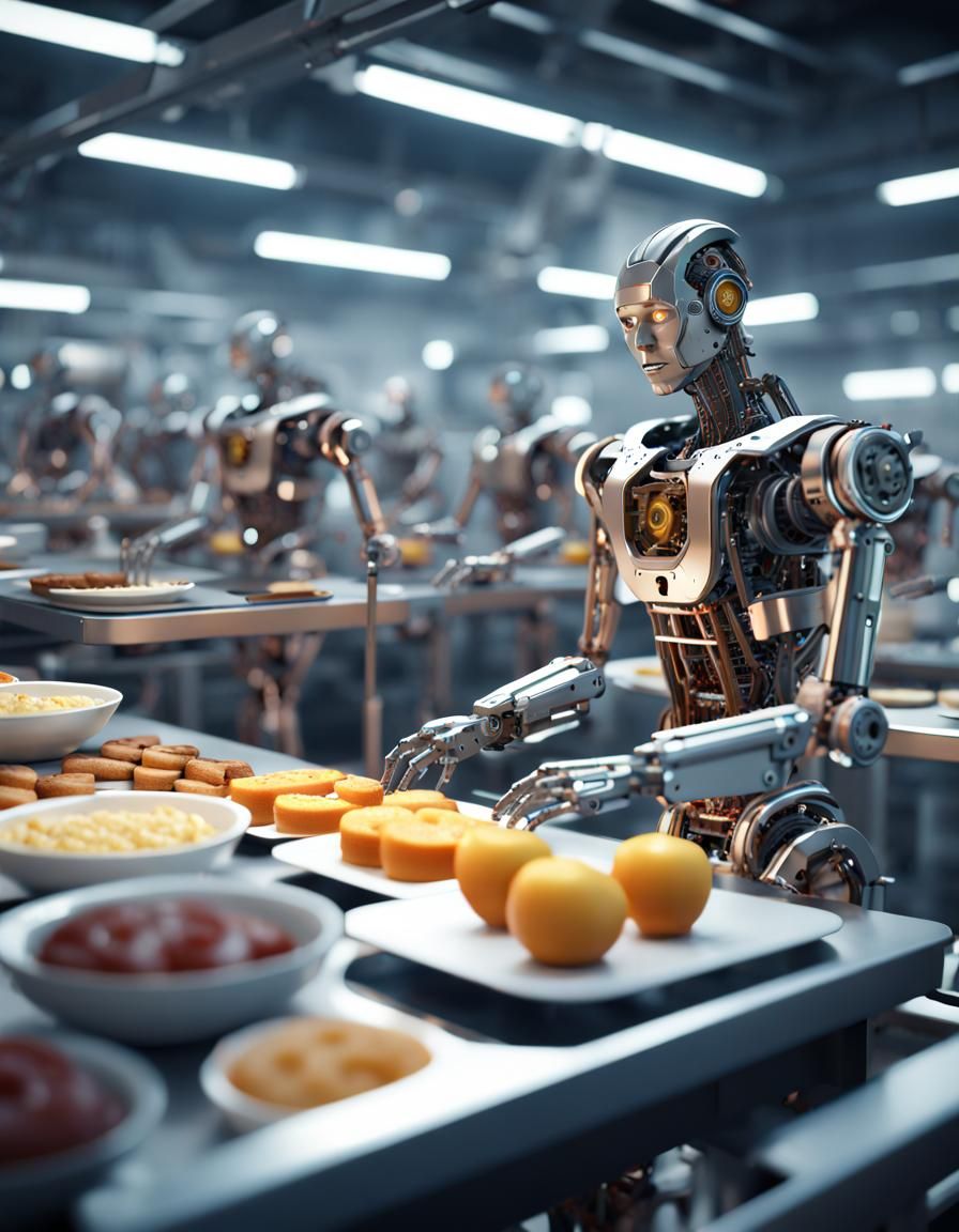 mechanical men at a robotic assembly line breakfast-making machine - AI ...