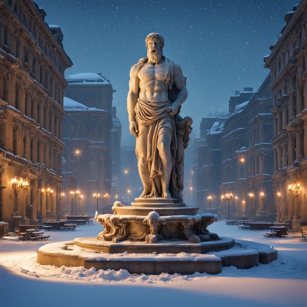 Majestic Janus Statue in Snowy Roman Square - AI Art