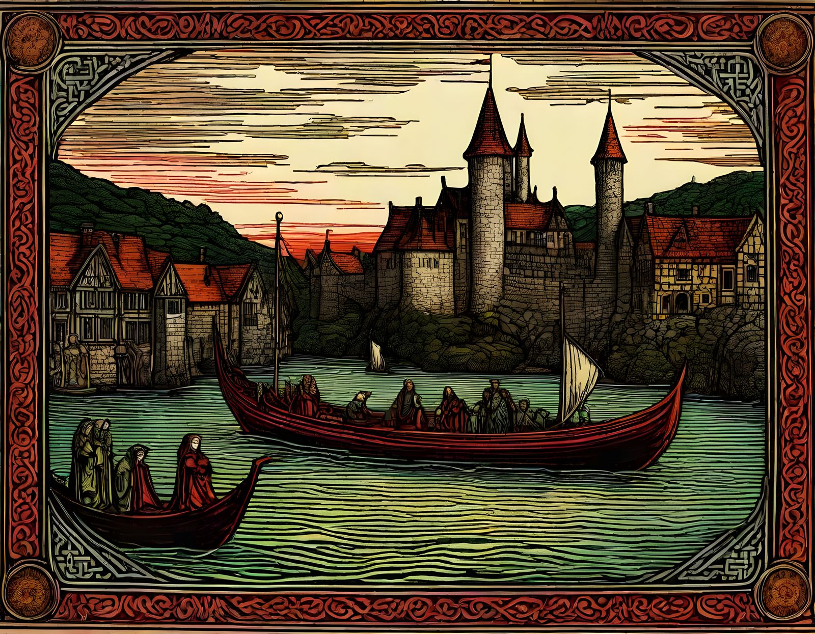 Fantastical - Epic Celtic Scene in Dark Woodcut Style