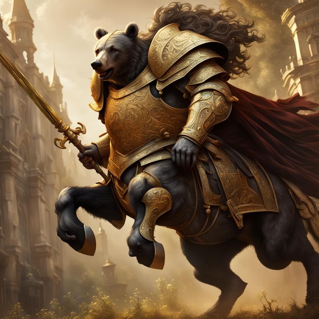 Obese Bear Knight, in intricate hyperdetailed Victorian glimmering gold ...