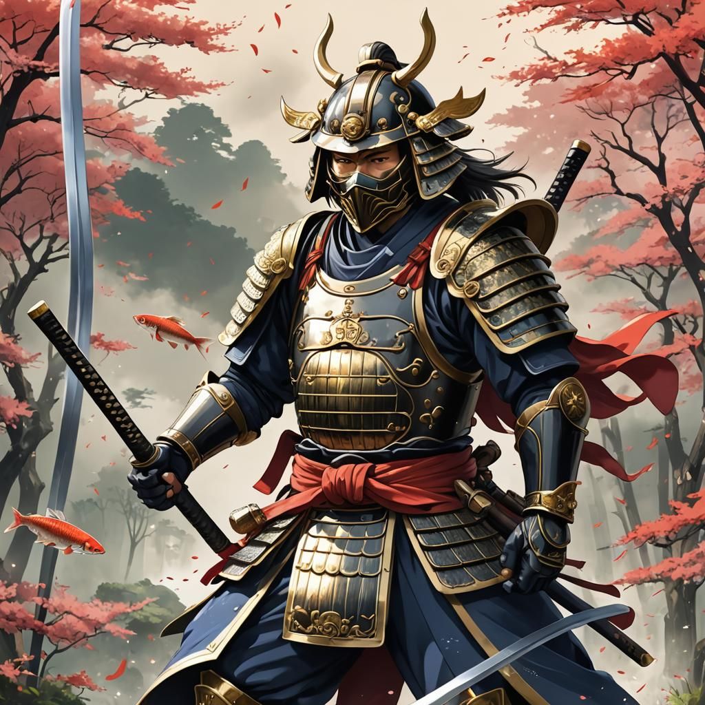 (one Japanese samurai, armor, helmet, wakizashi), one pole, carp ...
