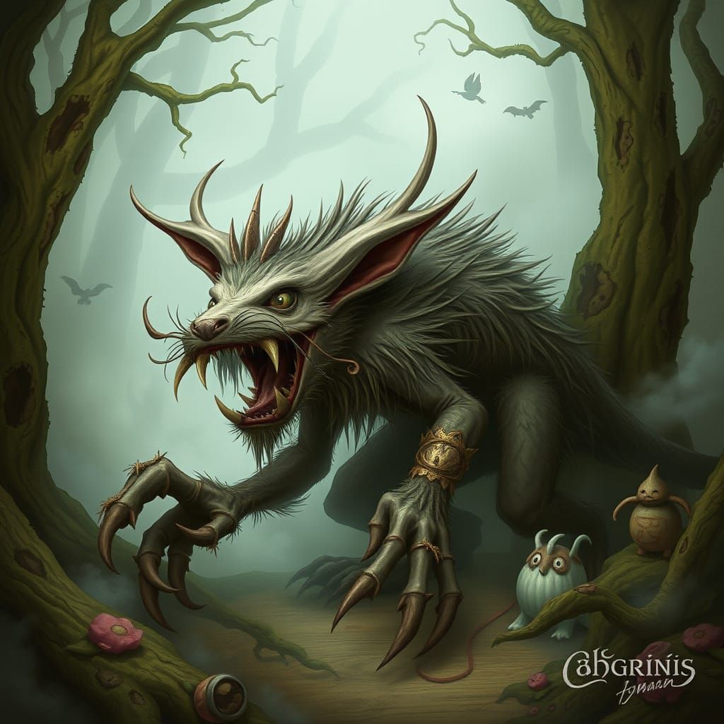 Otherworldly creature with long whiskers, floppy ears, snarling open ...