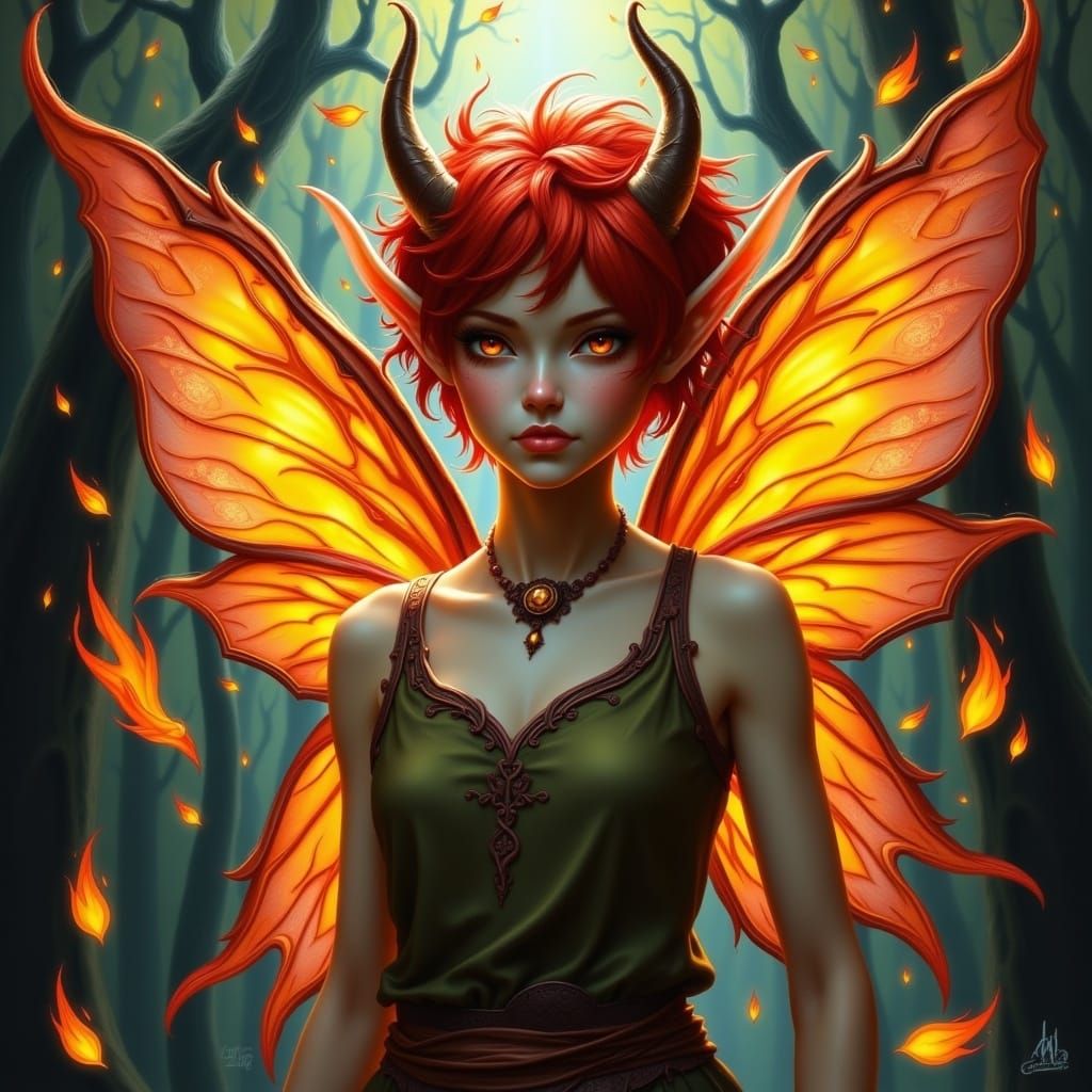 Surreal Fairy Elf Amidst Fiery Flames - AI Art