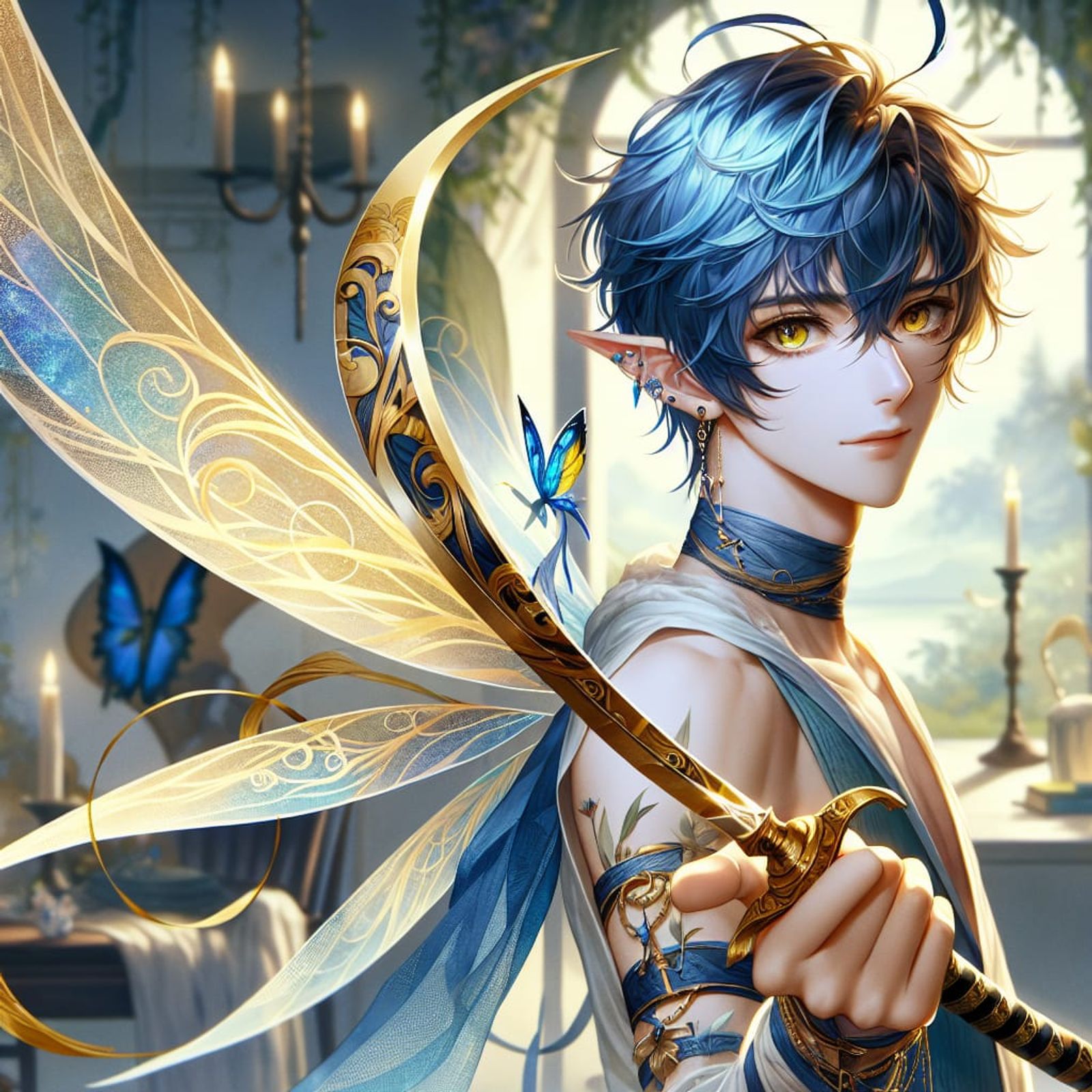 Fairy, Male, Blue hair, yellow eyes, holding a scimitar - AI Generated ...