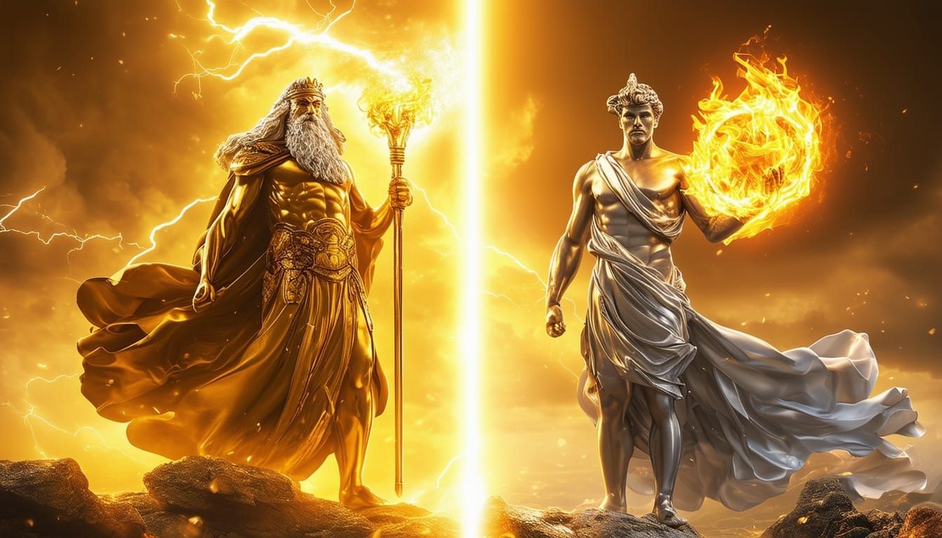 on the left the god father Zeus with thunderbolt, on the right the ...