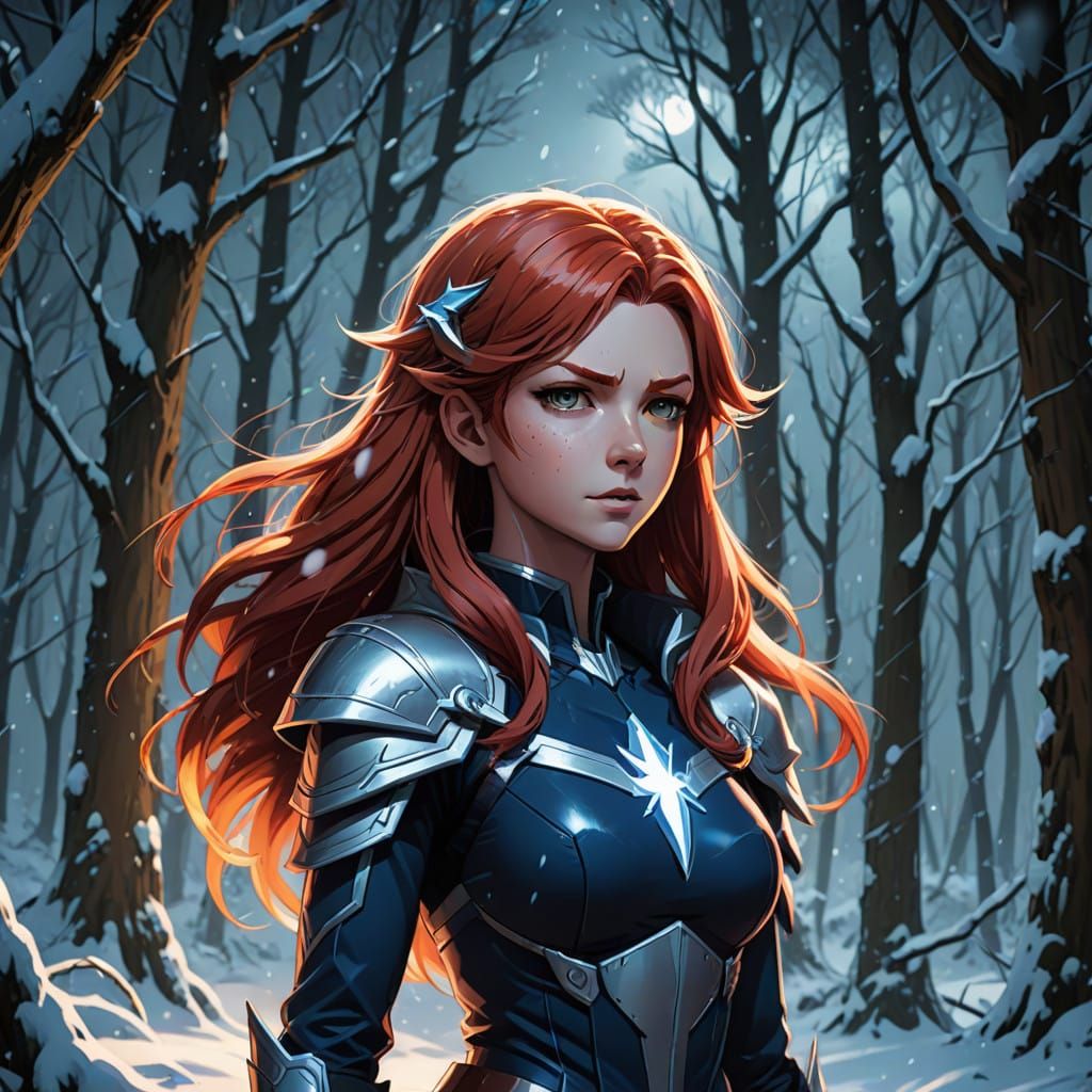 Redhead lightning snow forest - Elegant Redhead in a Snowy ...