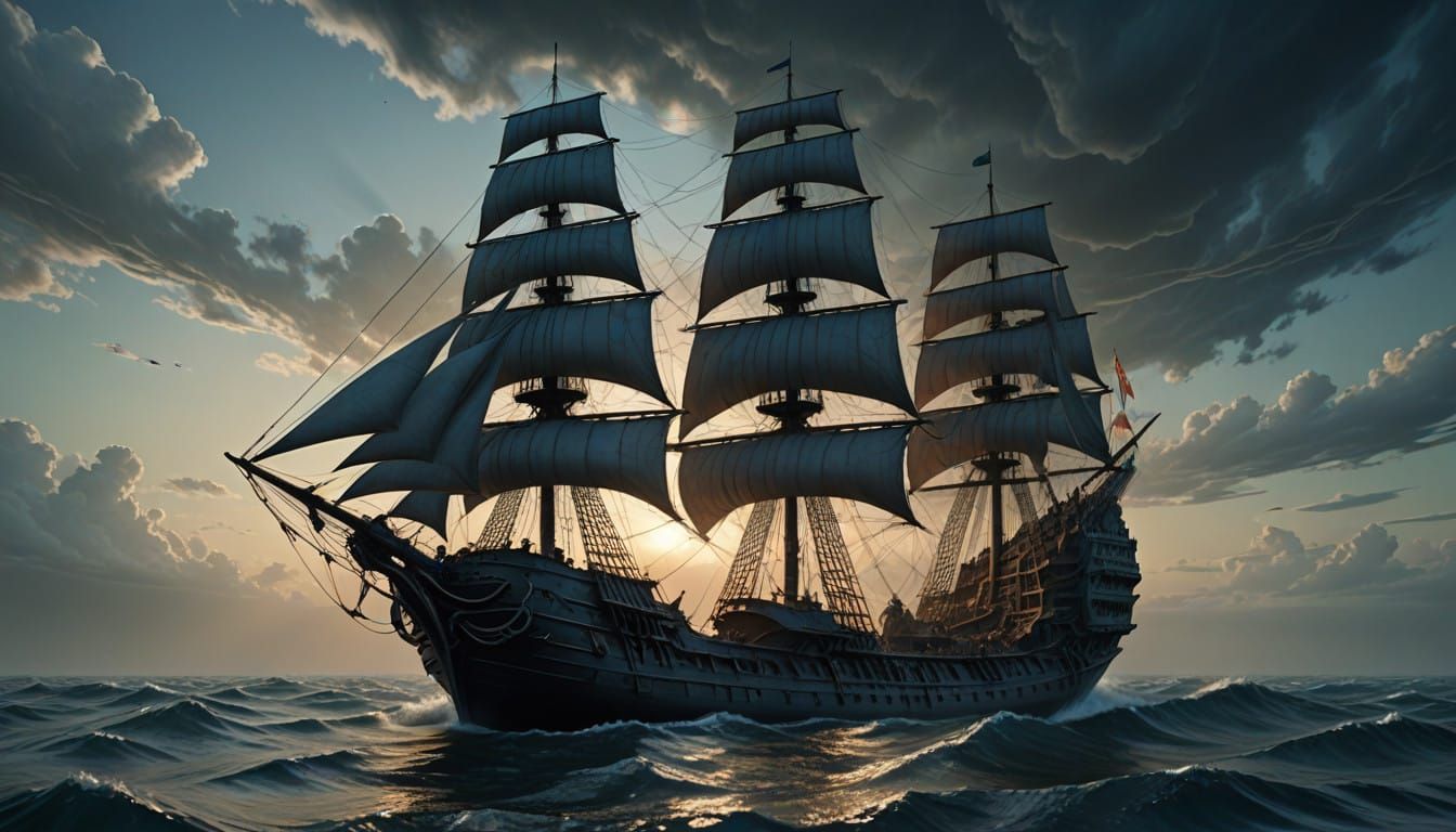 The Flying Dutchman, a ghost ship sailing the sea, dark, tragic, mirage ...