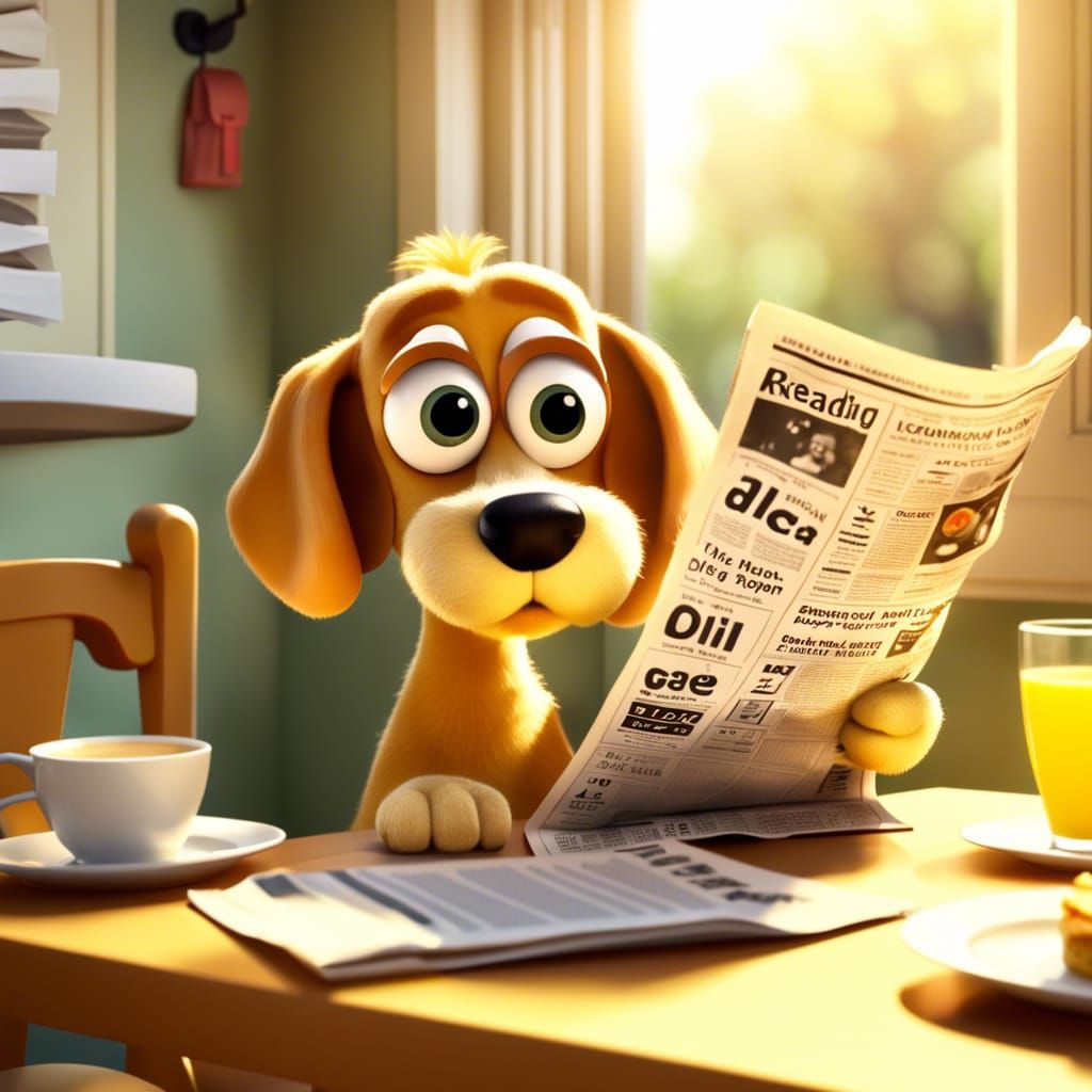 adorable CGI cartoon golden Clues dog with big googly eyes reading the ...