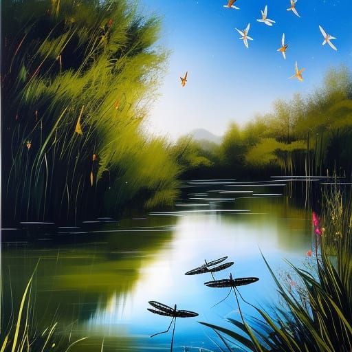 moonlit pond with dragonflies - AI Generated Artwork - NightCafe Creator