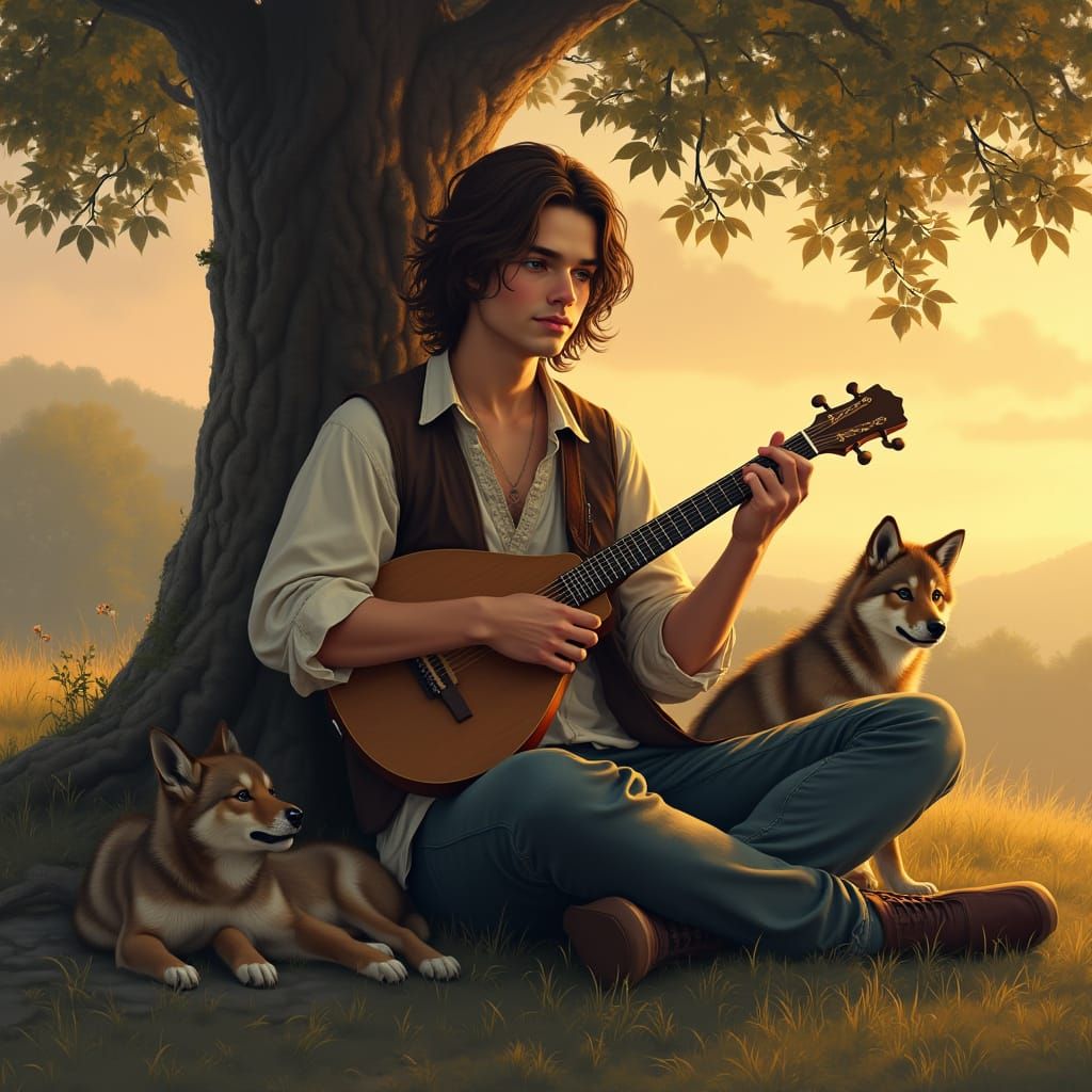 Man with Lyre and Wolf Pups in Hyper-Realistic Sty... - AI Art