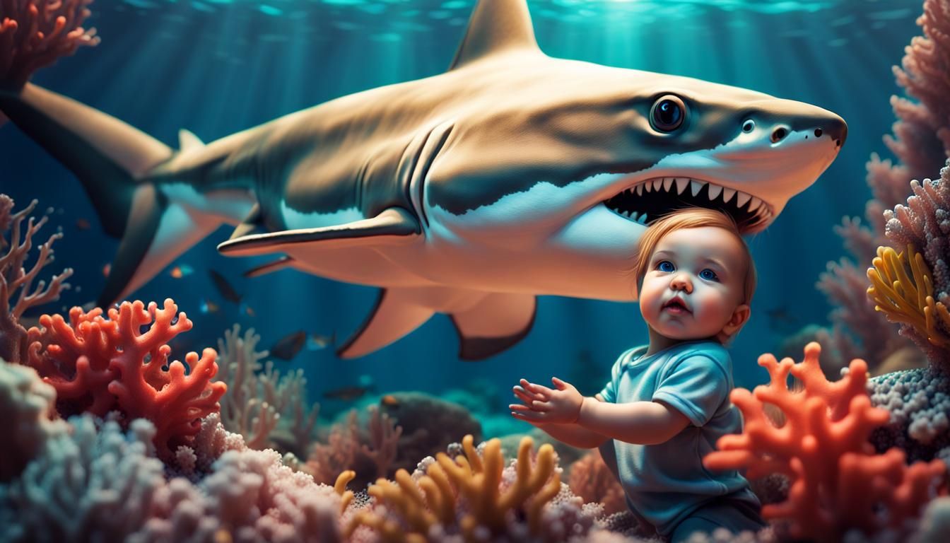 cute and beautiful baby playing with a cute miniature shark on a coral ...