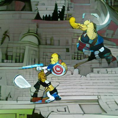 Thor and Homer Simpson fighting in Springfield in the style of Marvel ...