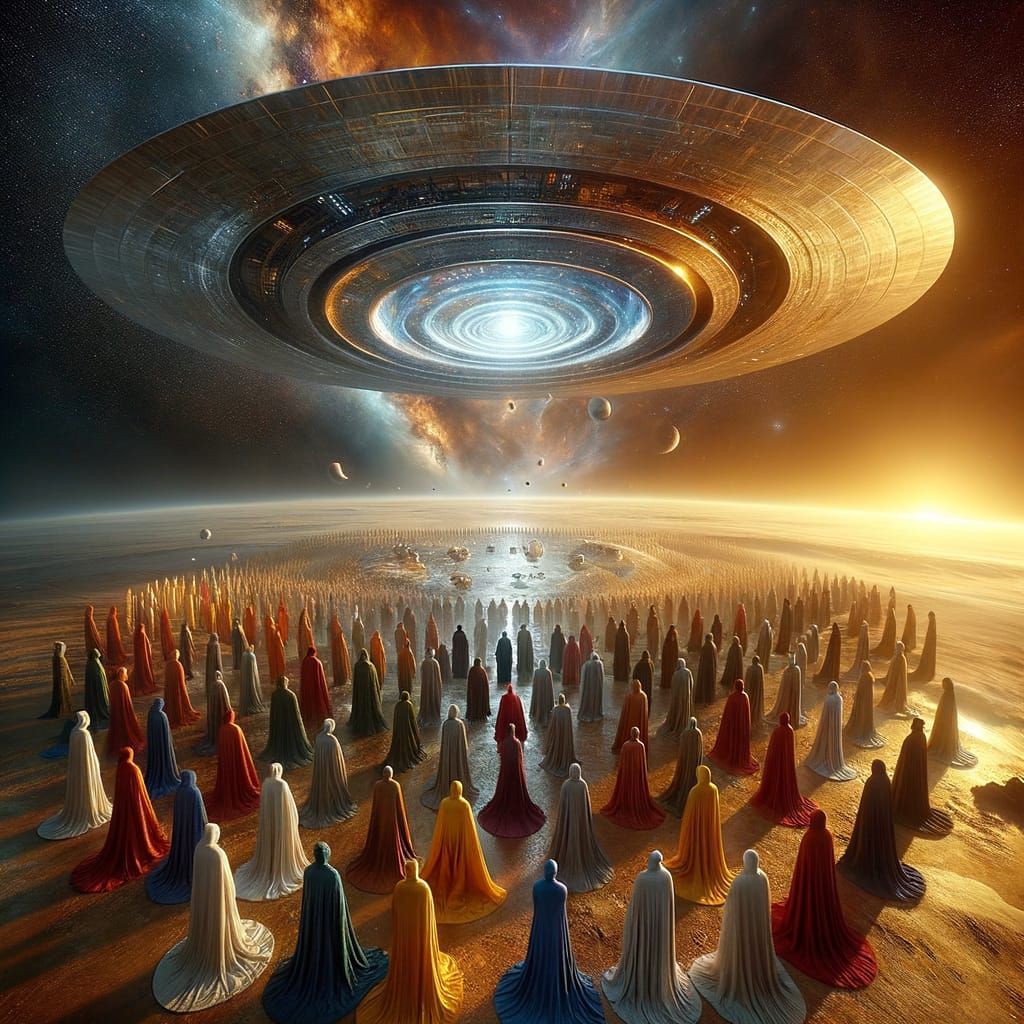 Cosmic Gathering: Mysterious Figures Adore Metalli... - AI Art