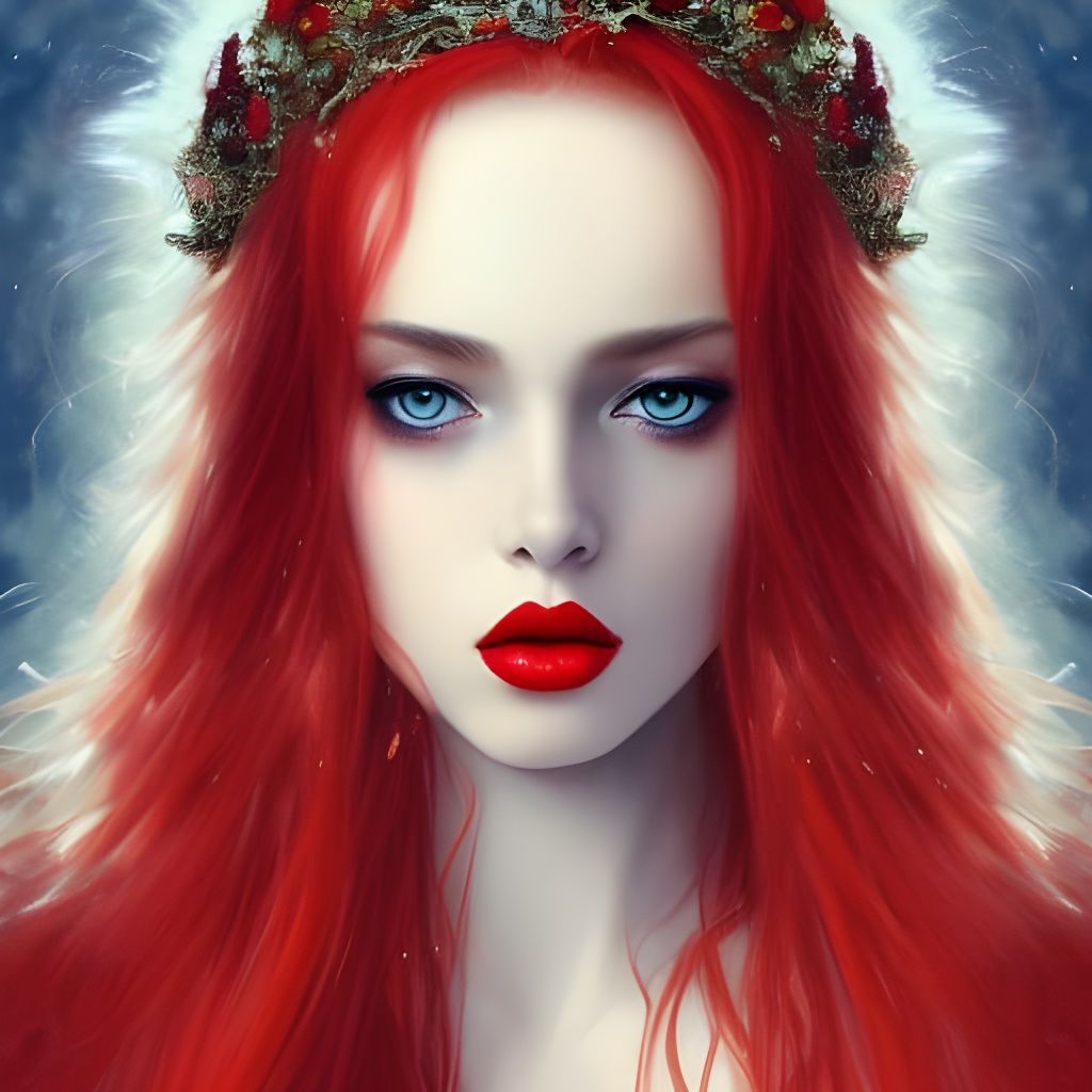 red hairy beauty, princess style, red hair, red lips, dark eyes, crown ...