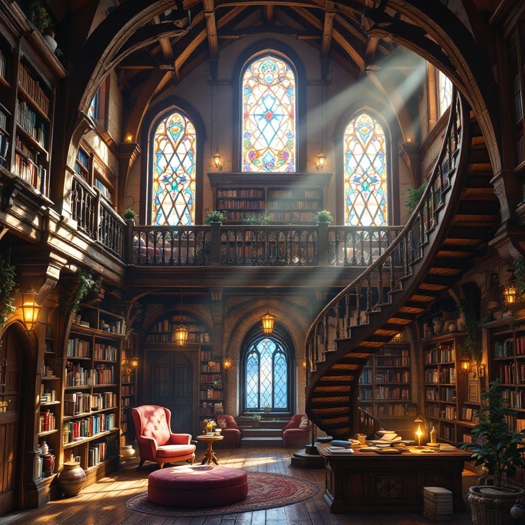 A whimsical, cinematic lofted library space