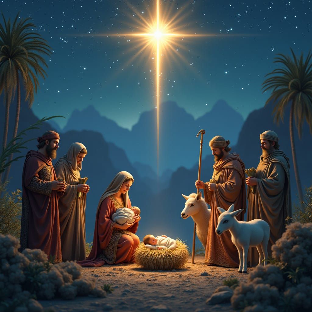 Majestic Nativity Scene Illuminated by Golden Ligh... - AI Art