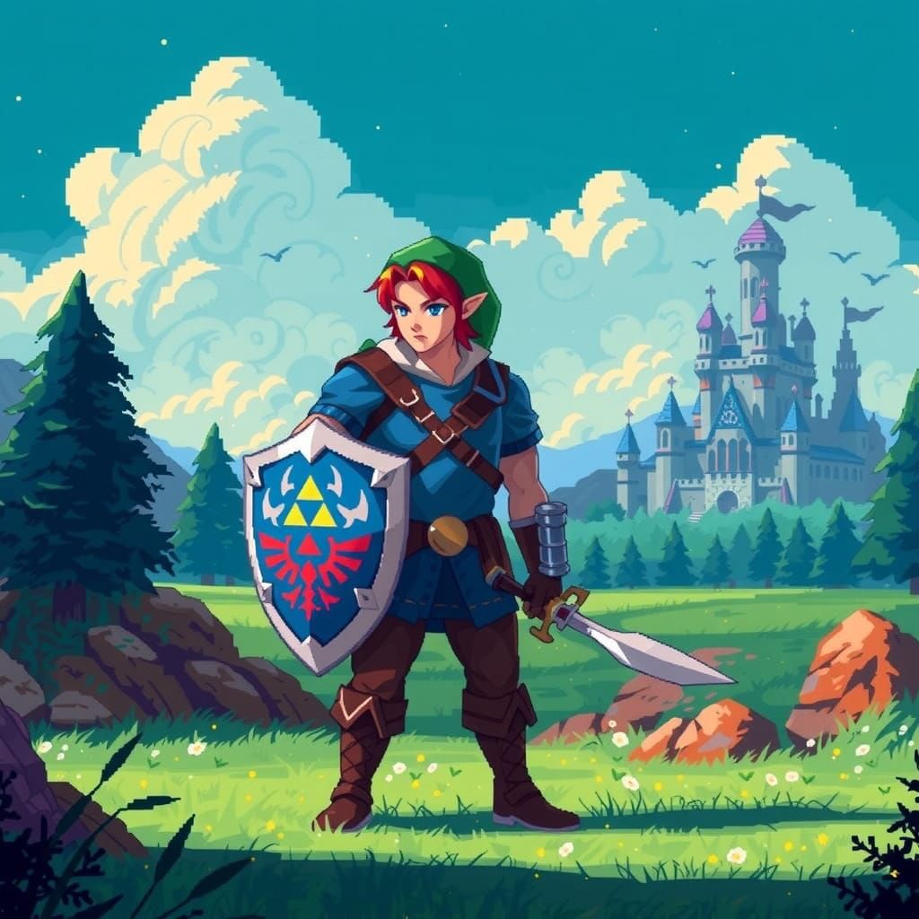 Pixelated Swordsman Wields Triforce Shield in a Vi... - AI Art