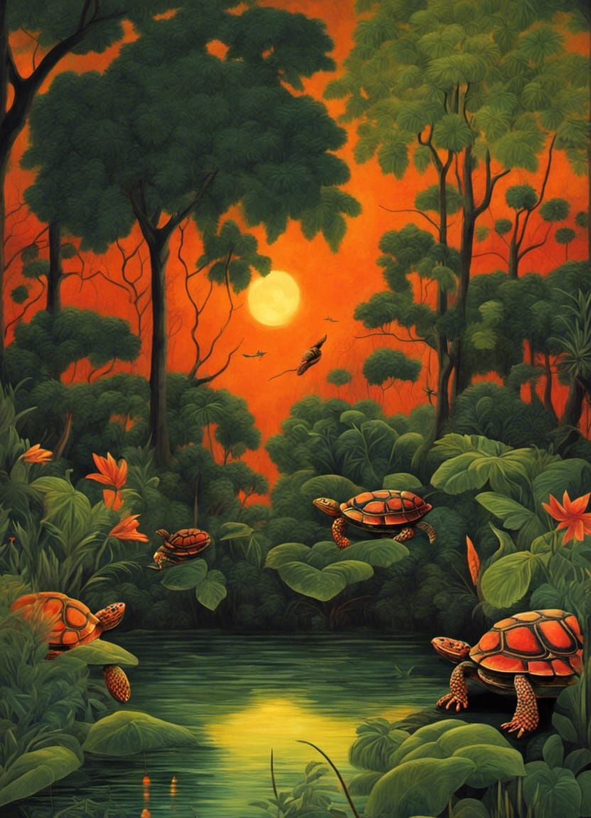 painted turtles climbing up to the tops of the trees, jungle, dark ...