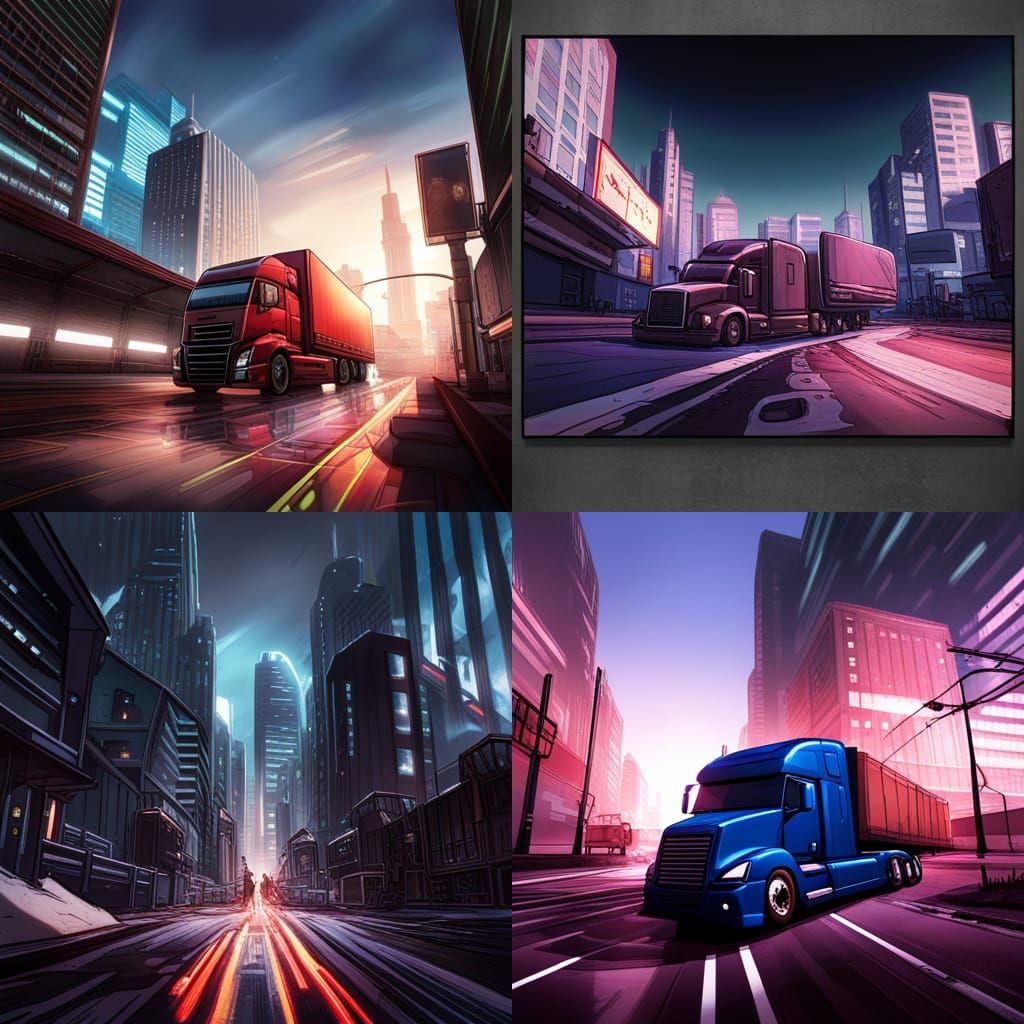 wide angle action shot of a semi truck in beautiful cyberpunk city ...