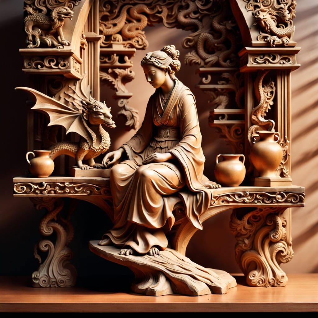 A stunning, organically shaped clay statue of a beautiful woman, draped ...