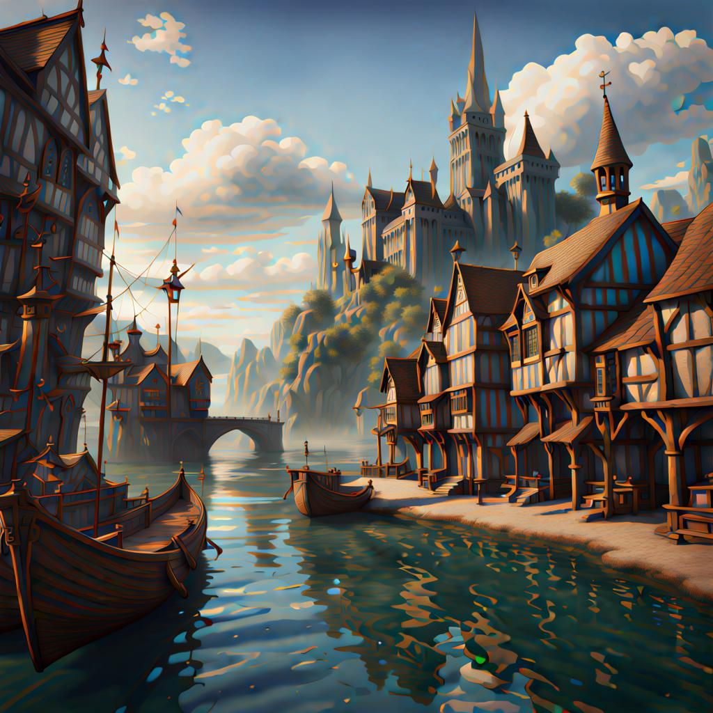 Medieval seaside city at river delta detailed matte painting, deep ...