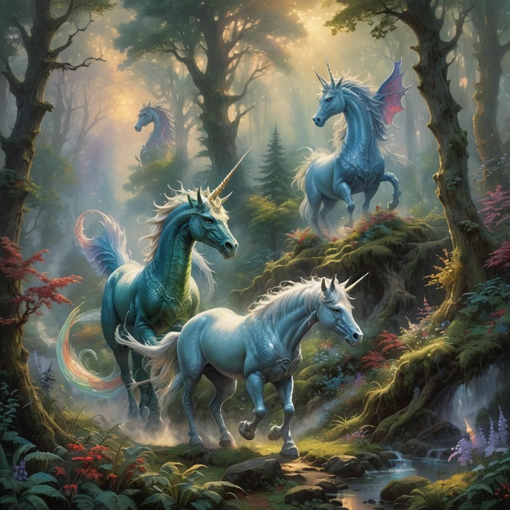 Dragon and unicorn walking in the forest - AI Generated Artwork ...