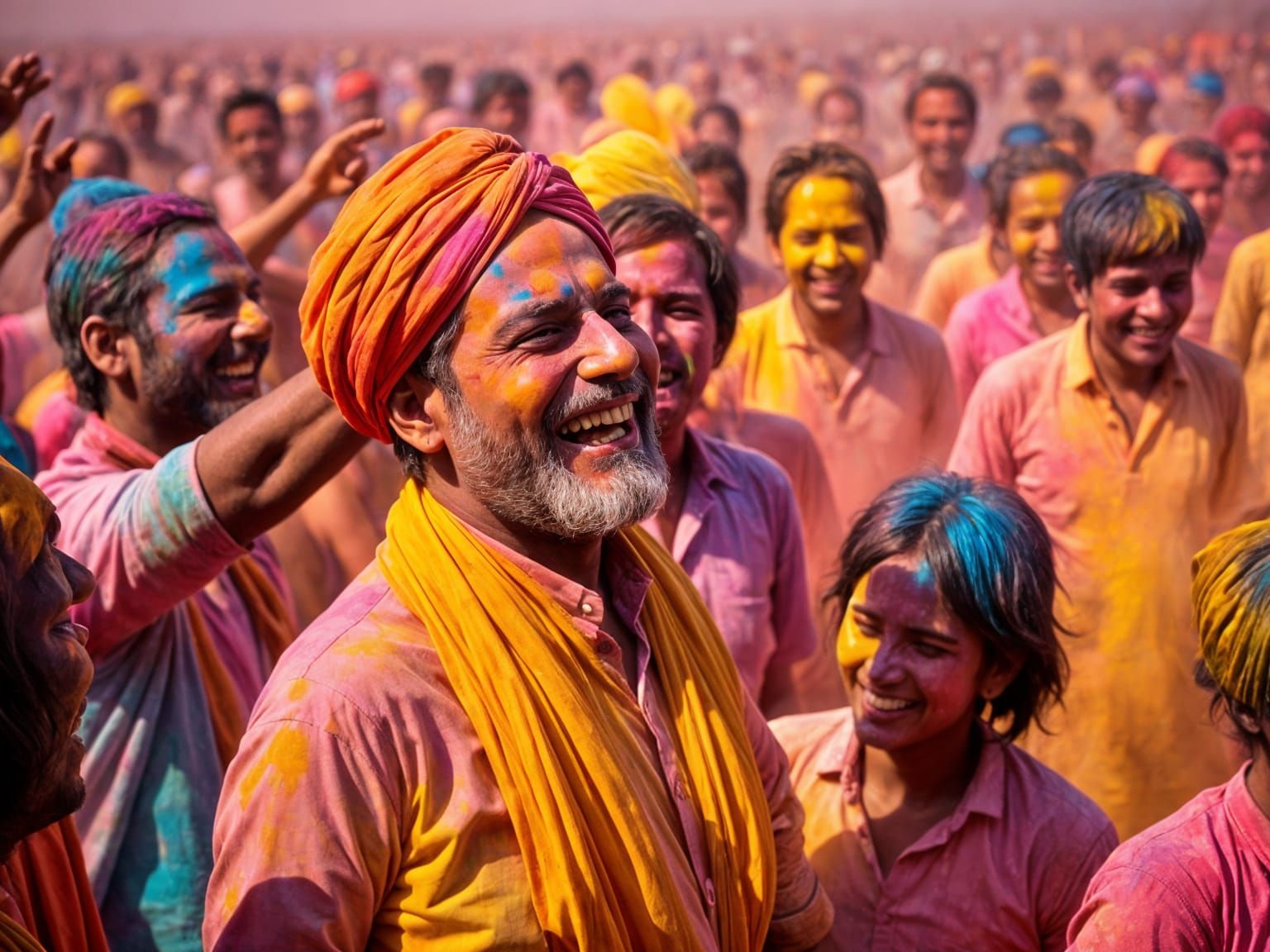 The image captures a vibrant and joyful scene of people celebrating the ...