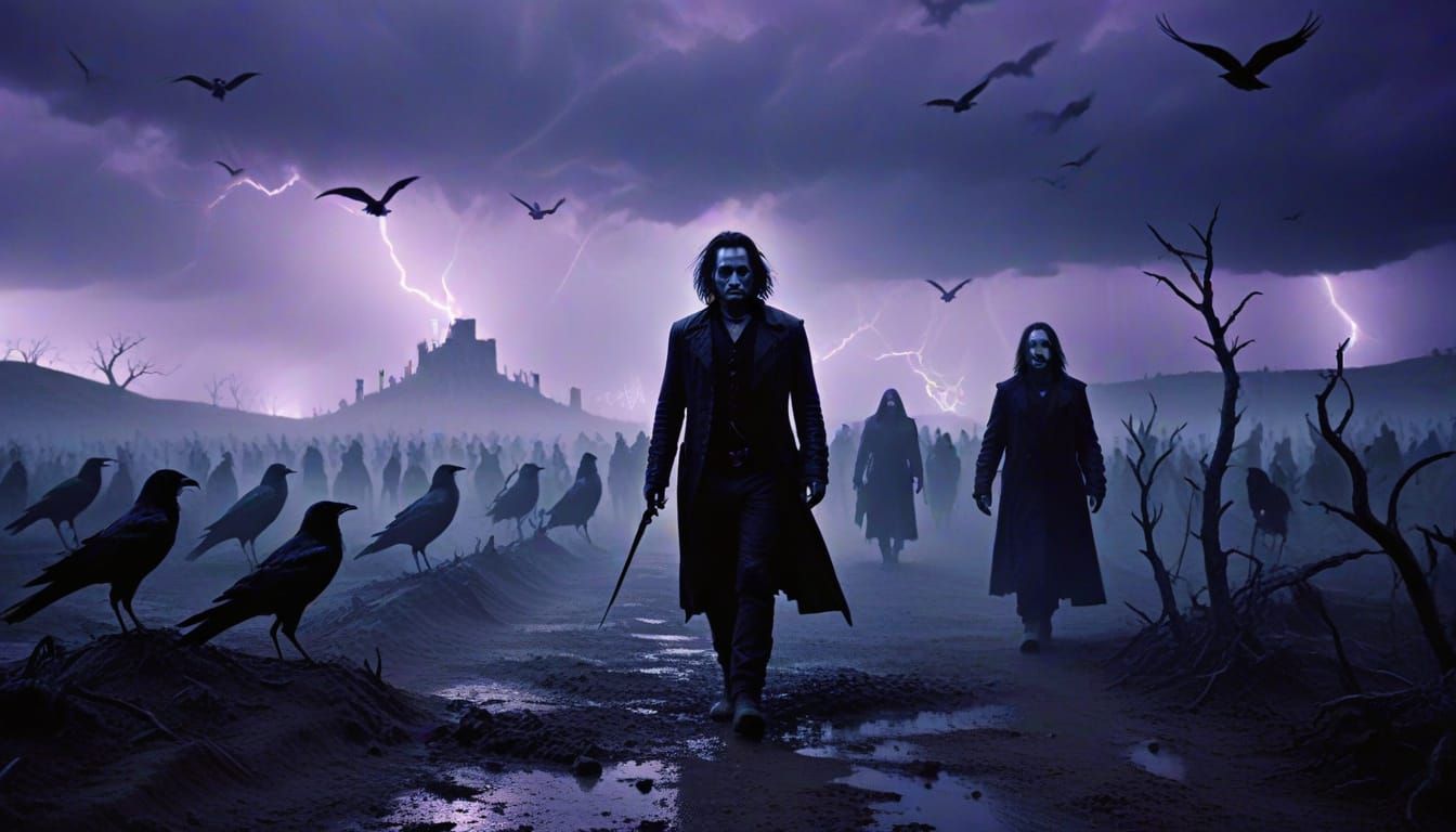 Eric Draven the Crow Reaper walks through the land of the dead. Ghostly ...