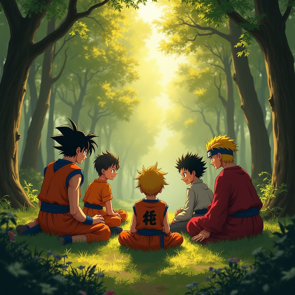 Epic Anime Heroes Unite in Golden Forest - AI Art