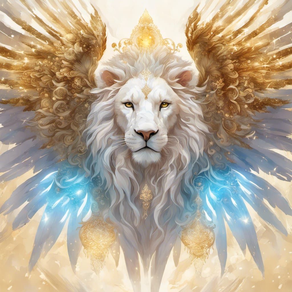 A angelic white lion with spreading arms with glowing intricate ...