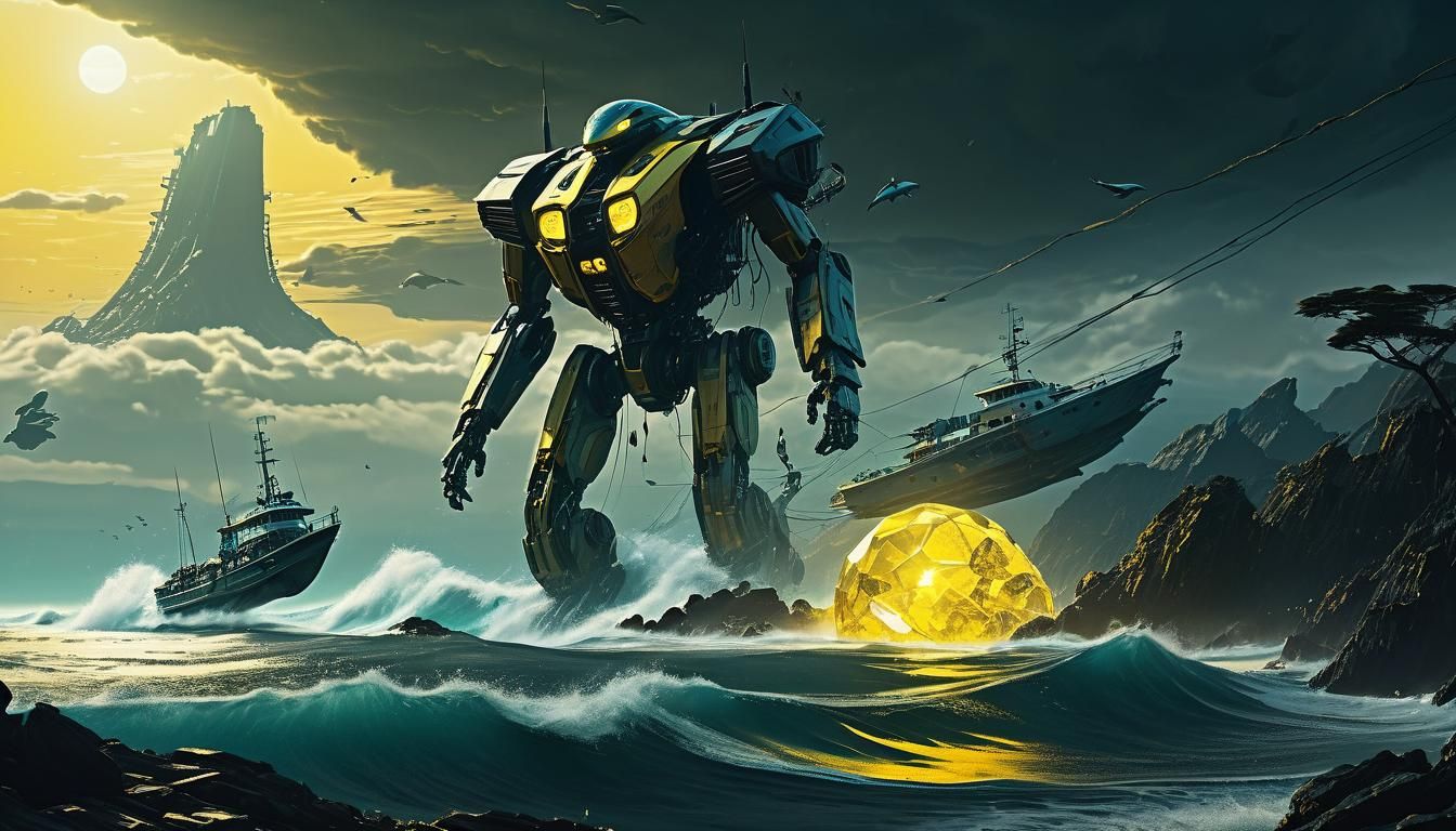 Epic Crystal Robot Emerges from Japanese Coastline... - AI Art
