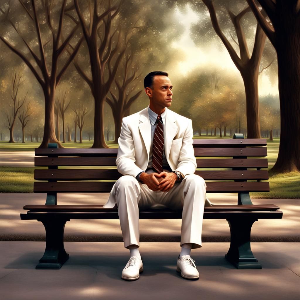 forrest gump sitting on a park bench in a white suit with a box of ...