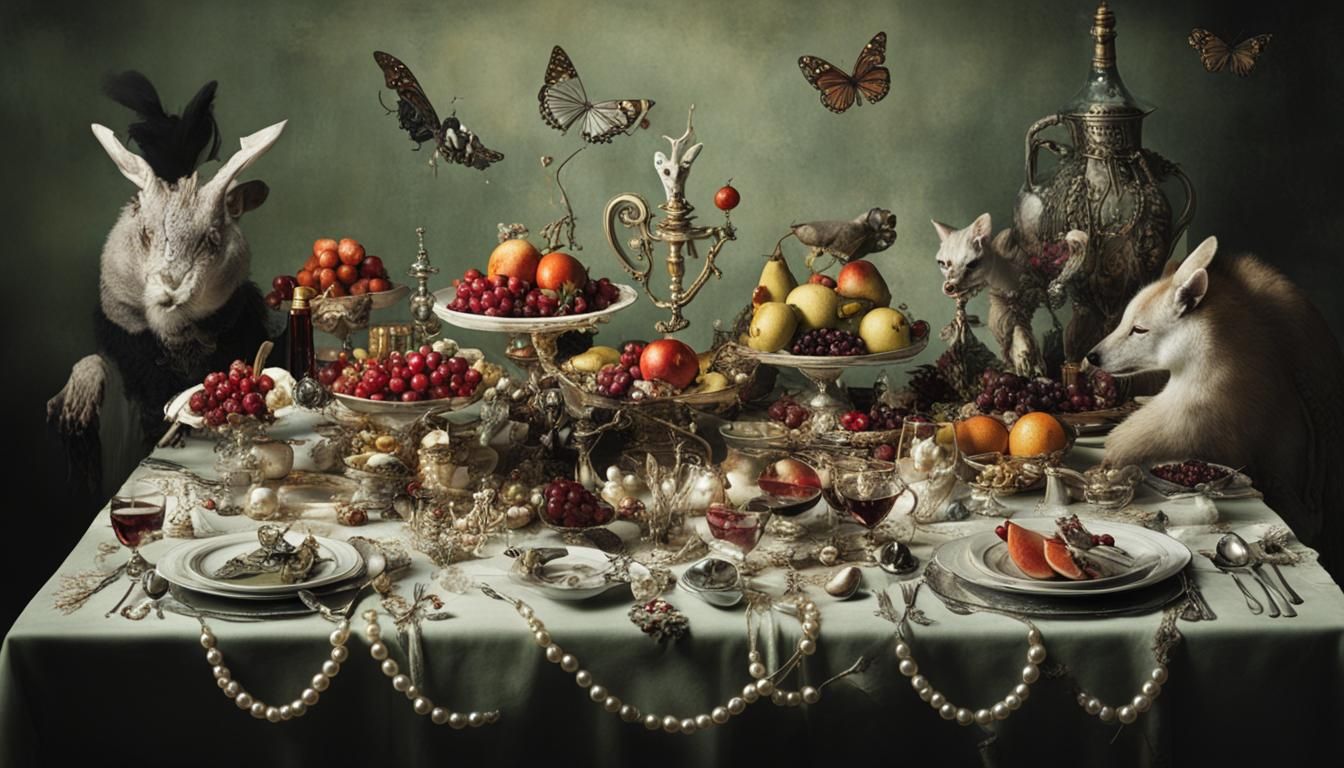 Closeup surrealism dinner party table with oddities, animals, pearls ...
