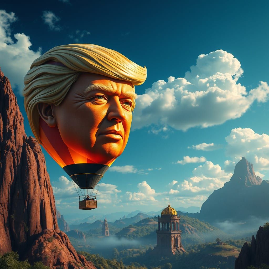 A hot air balloon in the shape of Donald Trumps head