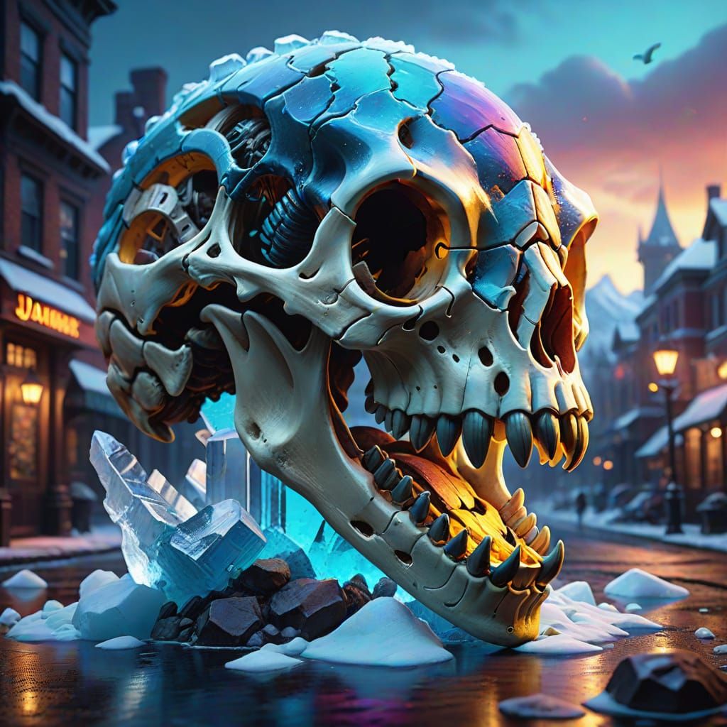 Hyper-Realistic Ice Raptor Skull in Vibrant, Color... - AI Art