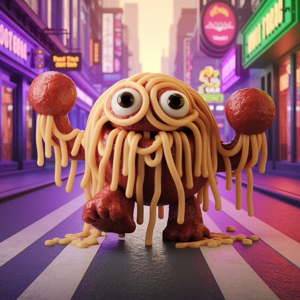 Surreal Neon Food City Monster Stomps Through Stre... - AI Art